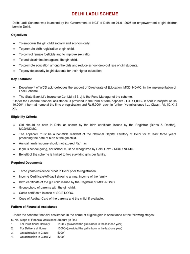 Delhi Ladli Scheme: Objectives | PDF | Birth Certificate | Financial ...