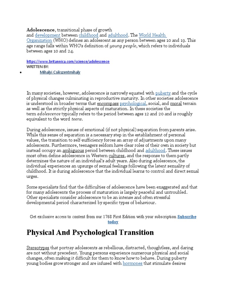Physical and Psychological Transition: Development Childhood Adulthood ...