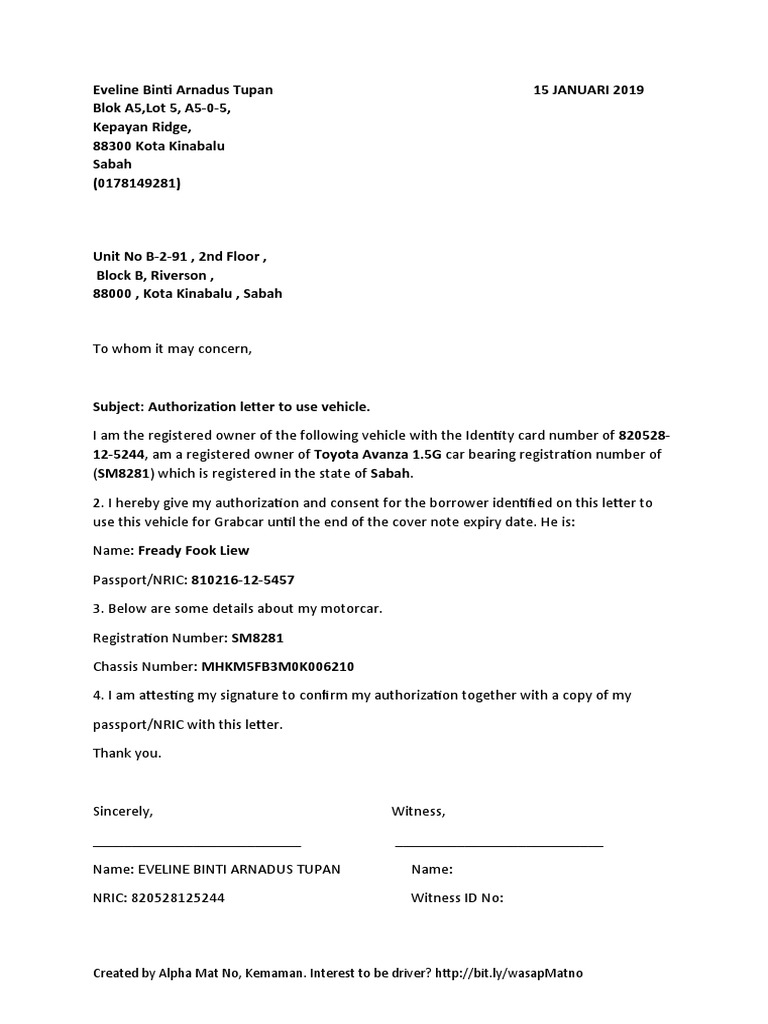 Grab Vehicle Authorization Letter | PDF | Authentication | Motor Vehicle