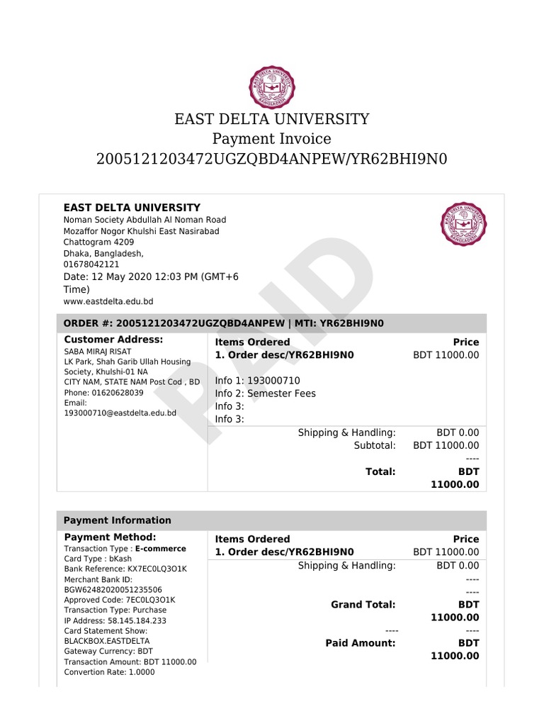 East Delta University Payment Invoice 2005121203472UGZQBD4ANPEW ...