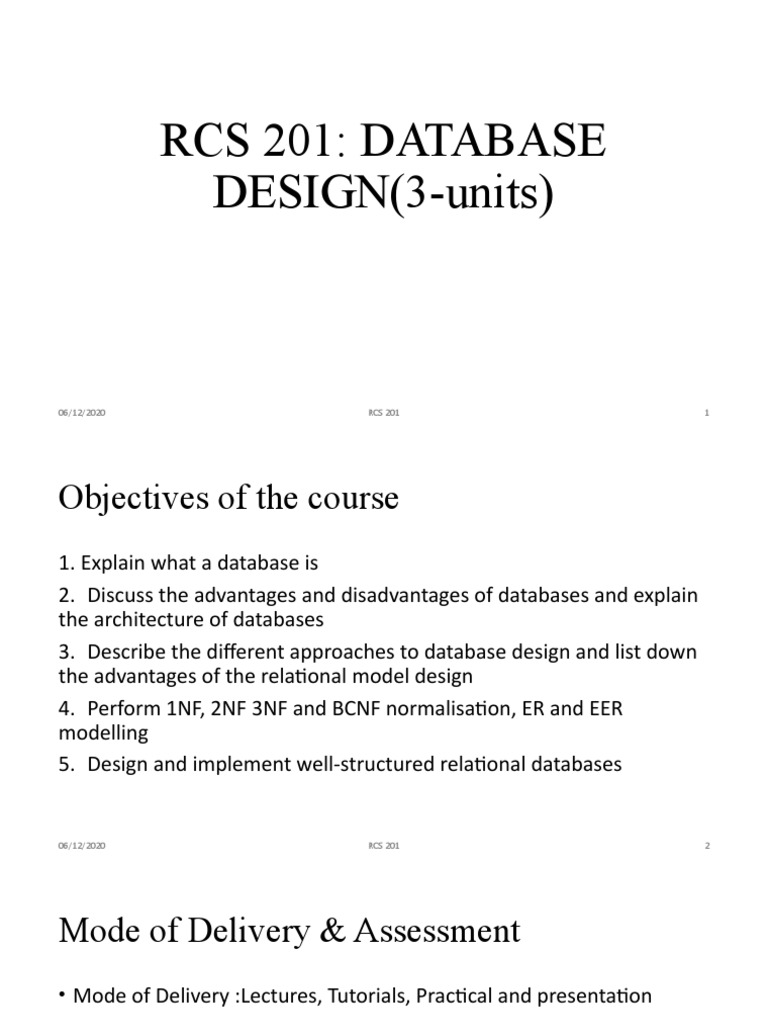 Rcs 201: Database DESIGN (3-Units) | PDF | Databases | Software Engineering