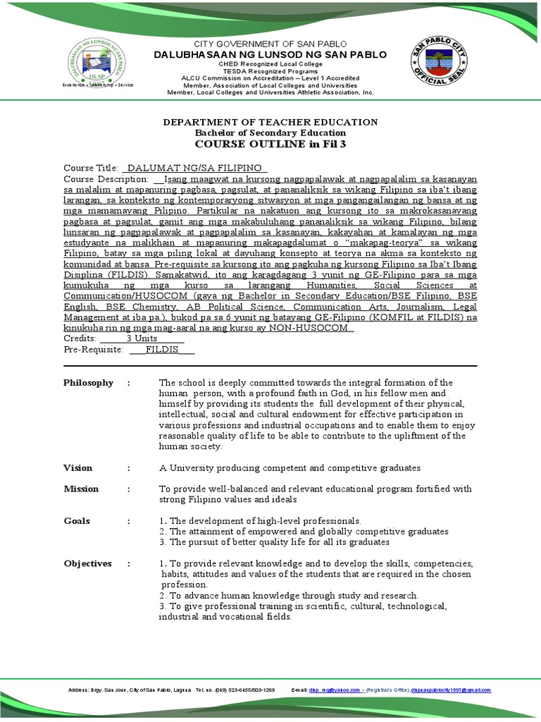 DLSP Course Outline Fil 3 Bsed | PDF