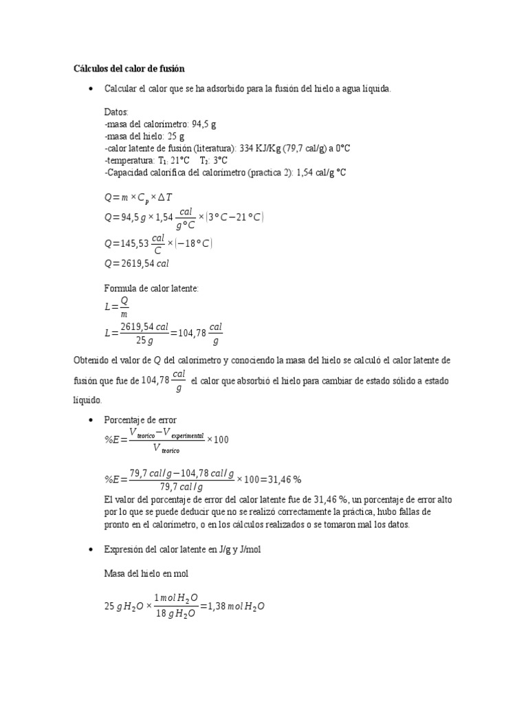 Cálculos Del Calor de Fusión y Vaporizacion | PDF | Calor latente | Calor