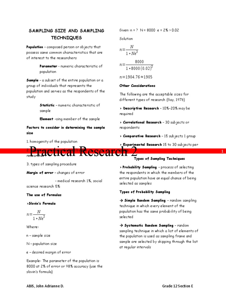 Practical Research 2: Sampling Size and Sampling Techniques | PDF | Sampling (Statistics ...