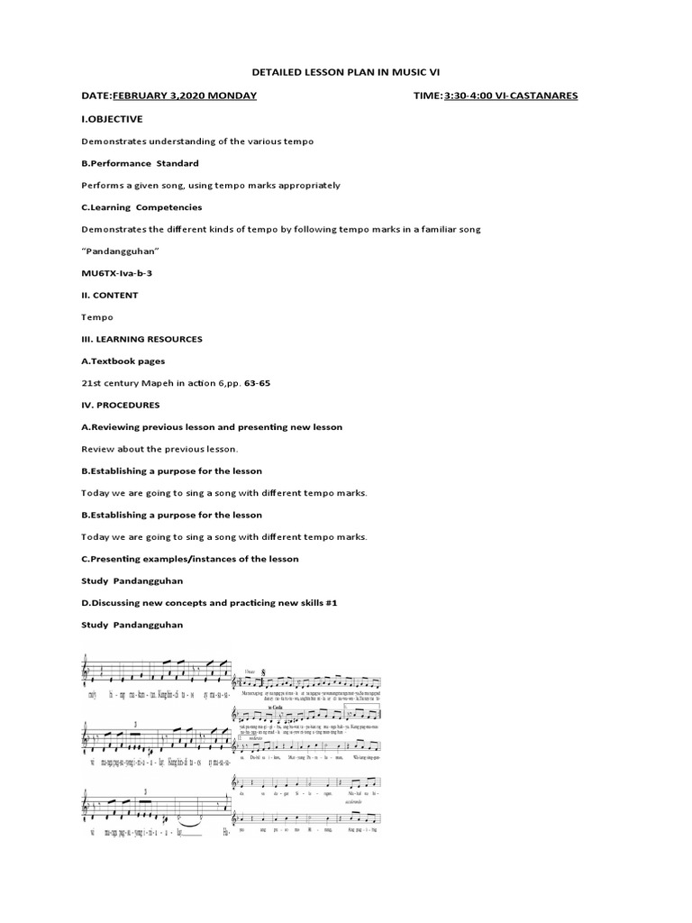 Detailed Lesson Plan in Music Vi Feb 3 | PDF | Education Theory ...