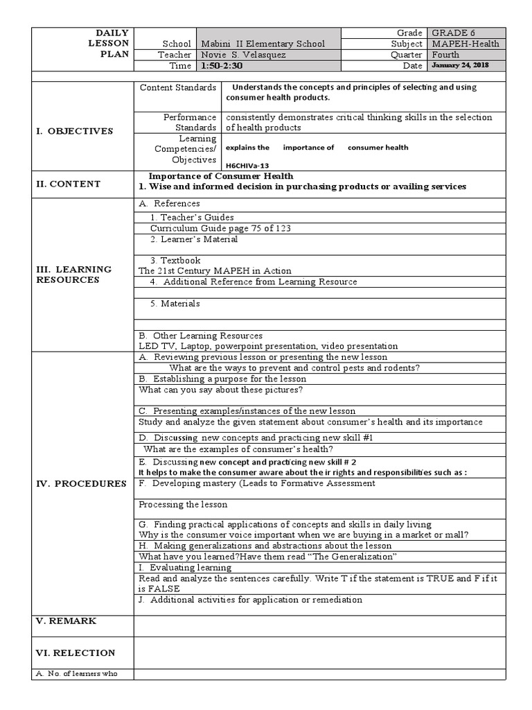 Daily Lesson Plan: Understands The Concepts and Principles of Selecting ...