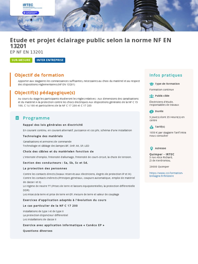 Etude Et Projet Éclairage Public Selon La Norme NF EN 13201: Objectif de Formation | PDF ...