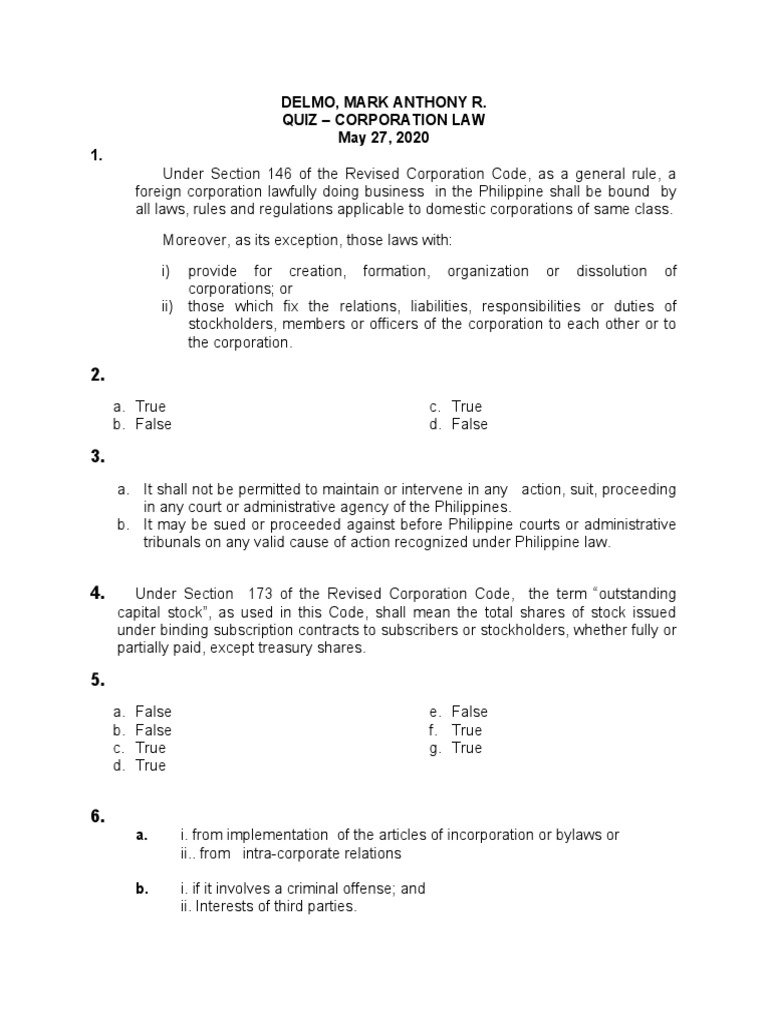 Delmo, Mark Anthony R. Quiz - Corporation Law May 27, 2020 1 | PDF