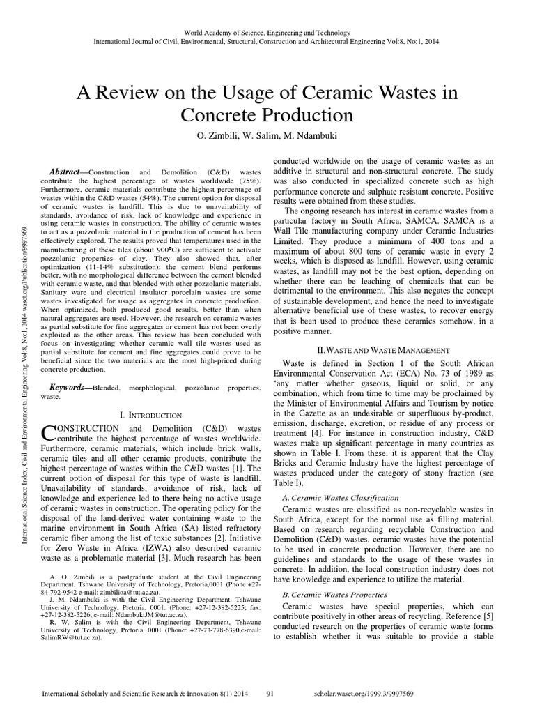 A Review On The Usage of Ceramic Wastes in Concrete Production | PDF ...
