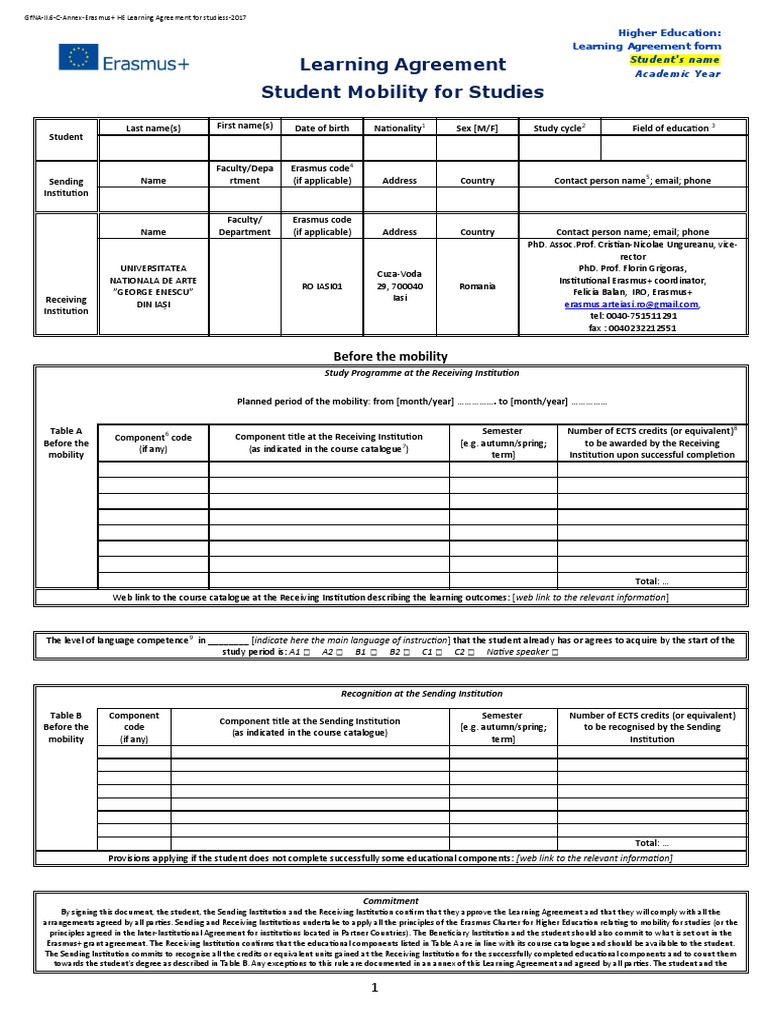 Learning Agreement Student Mobility For Studies | PDF | Academic Degree ...