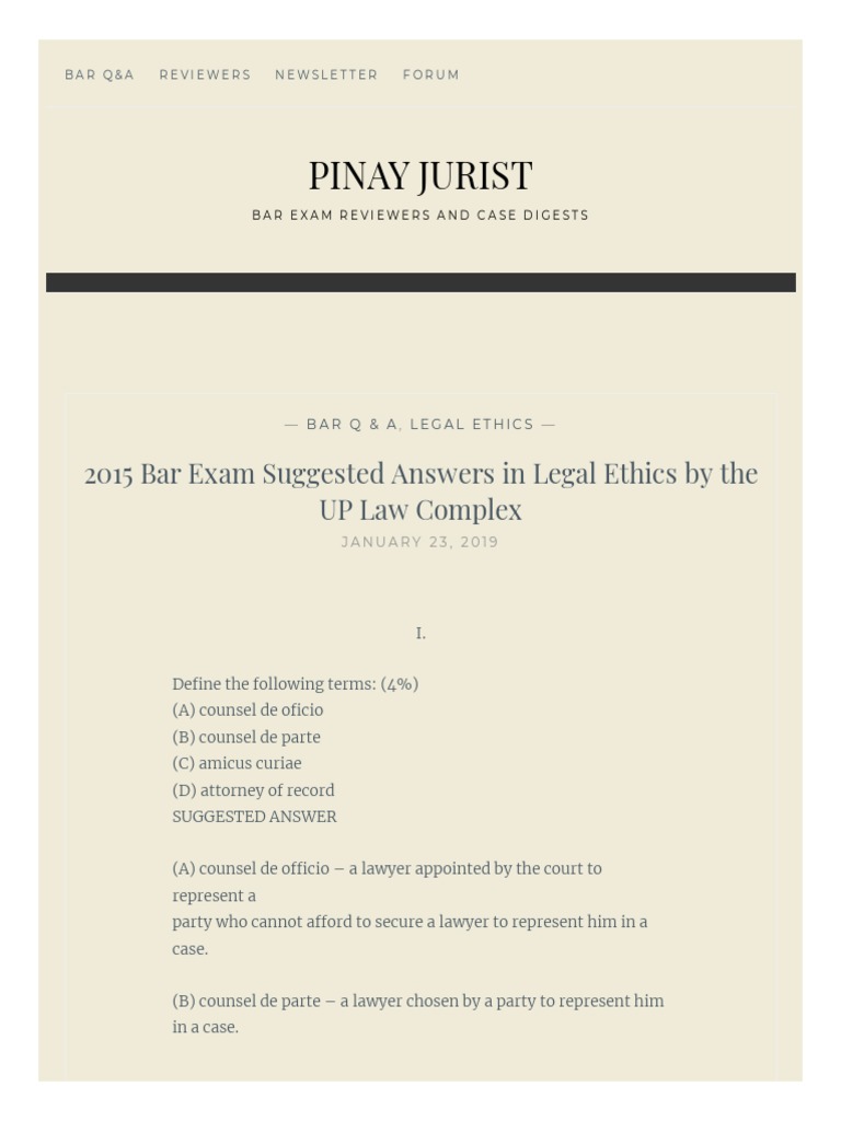 Pinay Jurist: 2015 Bar Exam Suggested Answers in Legal Ethics by The UP ...