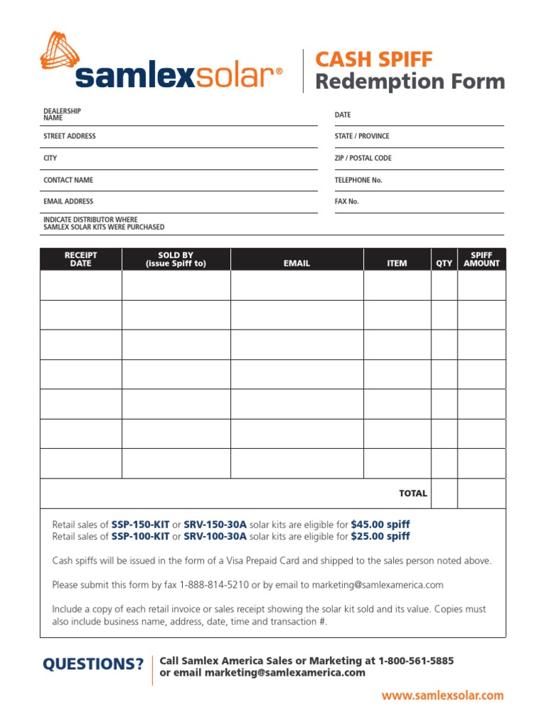 Dealer Spiff Form - 0118 - 1 PG | PDF