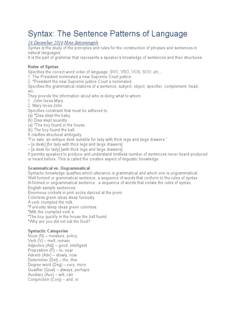 Syntax: The Sentence Patterns of Language: 16 December 2016 Nina Setyaningsih | PDF | Phrase ...