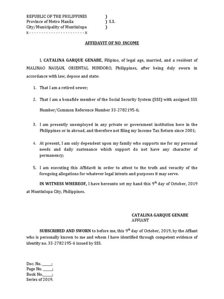 AFFIDAVIT OF NO INCOME Genabe