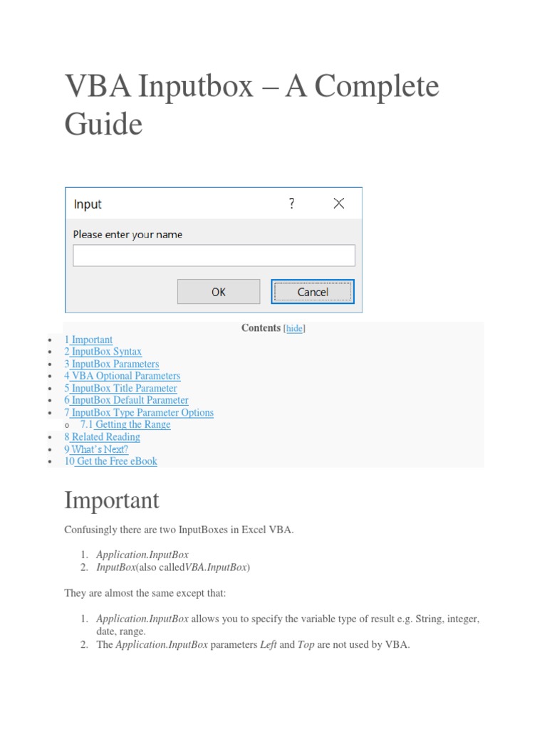 VBA InputBox - A Complete Guide | PDF | Parameter (Computer Programming) | Computer Programming
