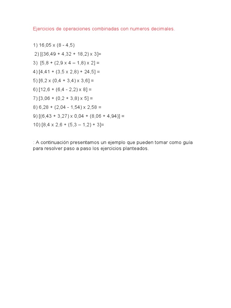 Hojas De Trabajo De Operaciones Con Decimales OPERACIONES DE NÚMEROS