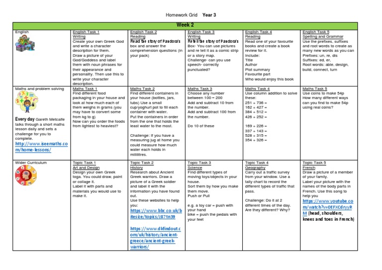 Week 2: Homework Grid Year 3 | PDF | English Language | Word