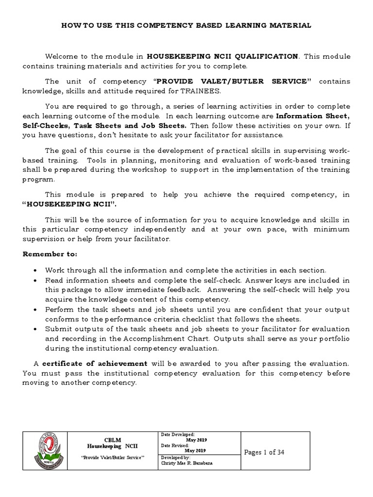 Housekeeping - (Core) Provide Valet Butler Service | PDF | Clothing ...