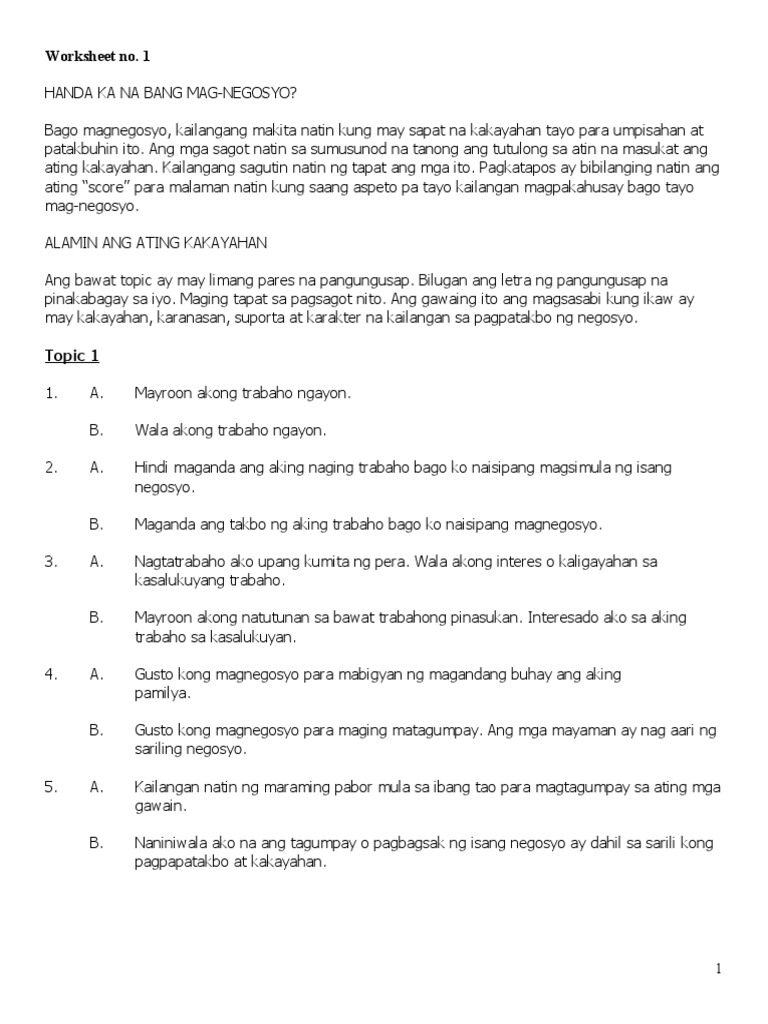Worksheet 1 - GYB Personal Assessment Tool - Tagalog | PDF