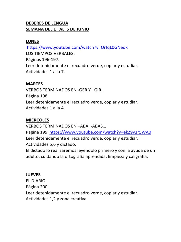 Tareas de Lengua: Semana del 1 al 5 de Junio | PDF | Artes del Lenguaje ...