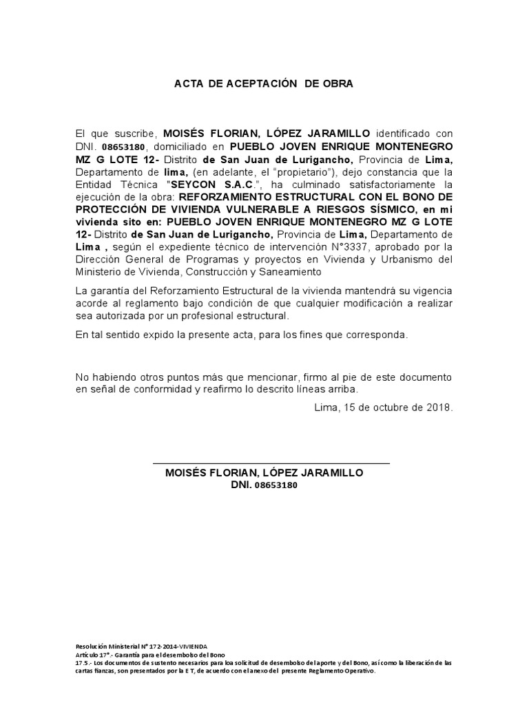 Acta de Aceptación de Obra BPVVRS | PDF