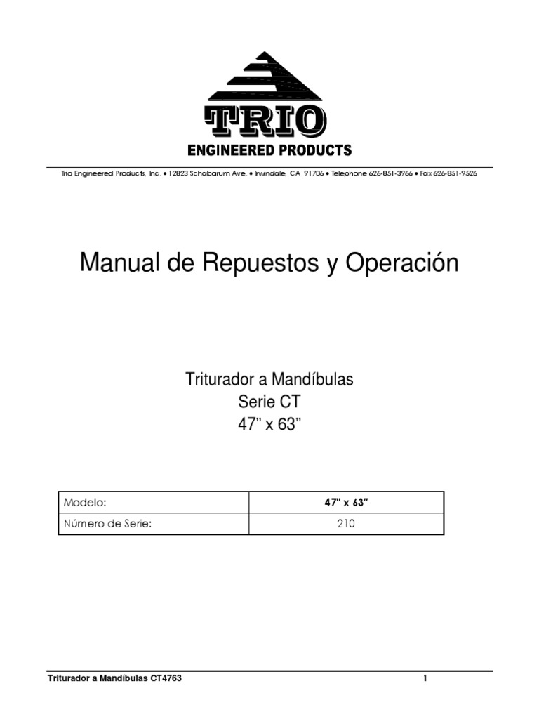 Trio CT4763 Jaw Crusher Manual (SN.210) Spanish PDF | PDF | Lubricante ...