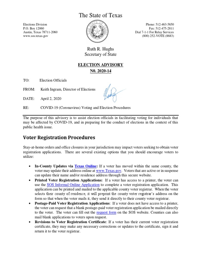 COVID-19 Election Procedures Advisory | PDF | Postal Voting | Early Voting
