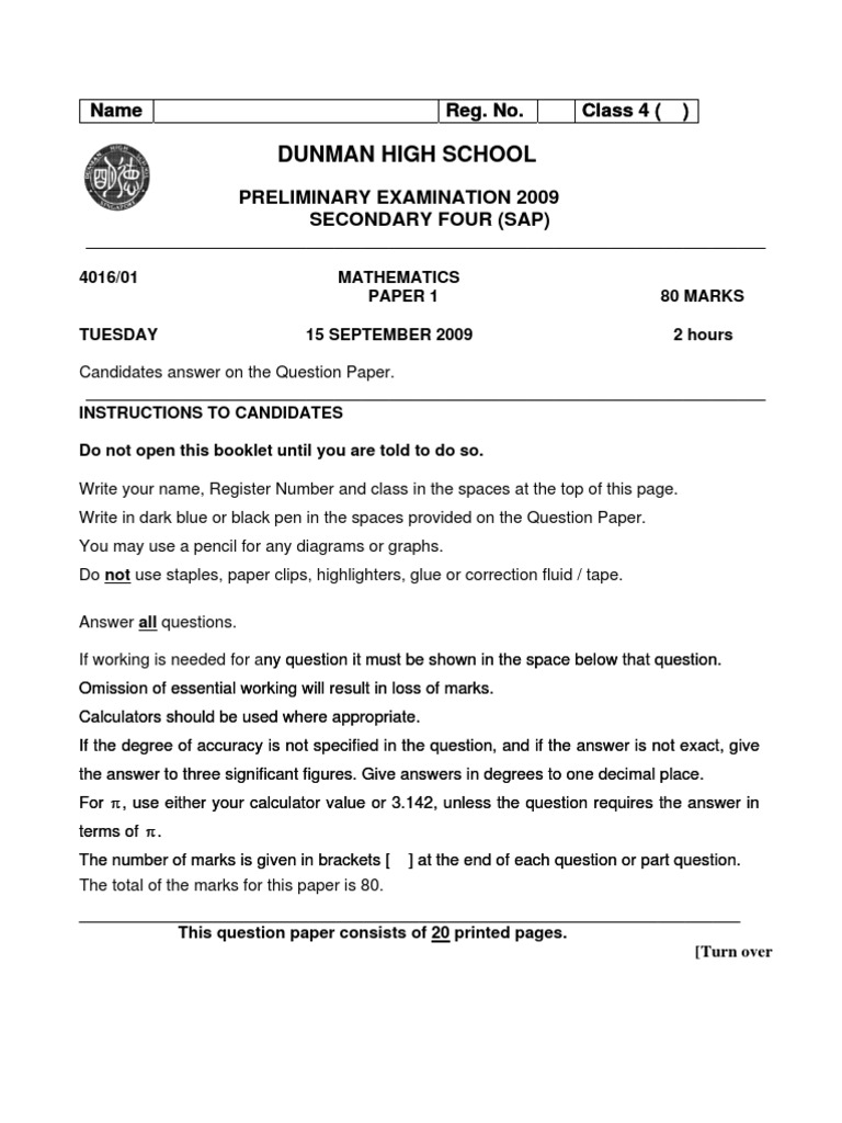 Dunman High School Math Paper 1 2009 | PDF | Area | Sine