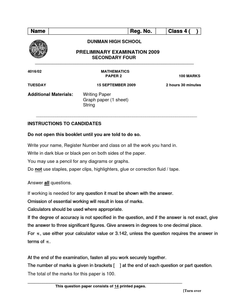 Dunman High School 2009 Maths D Paper 2 | PDF | Sine | Cartesian ...