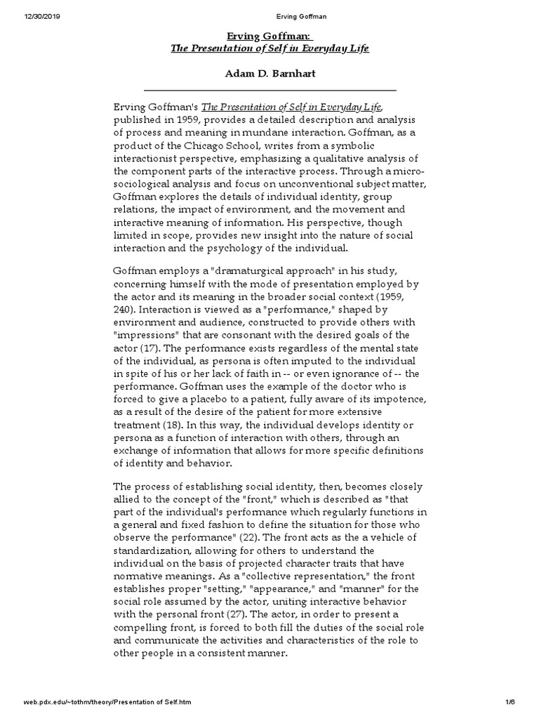 1959 - Goffman - Summary | PDF | Social Stigma | Sociological Theories