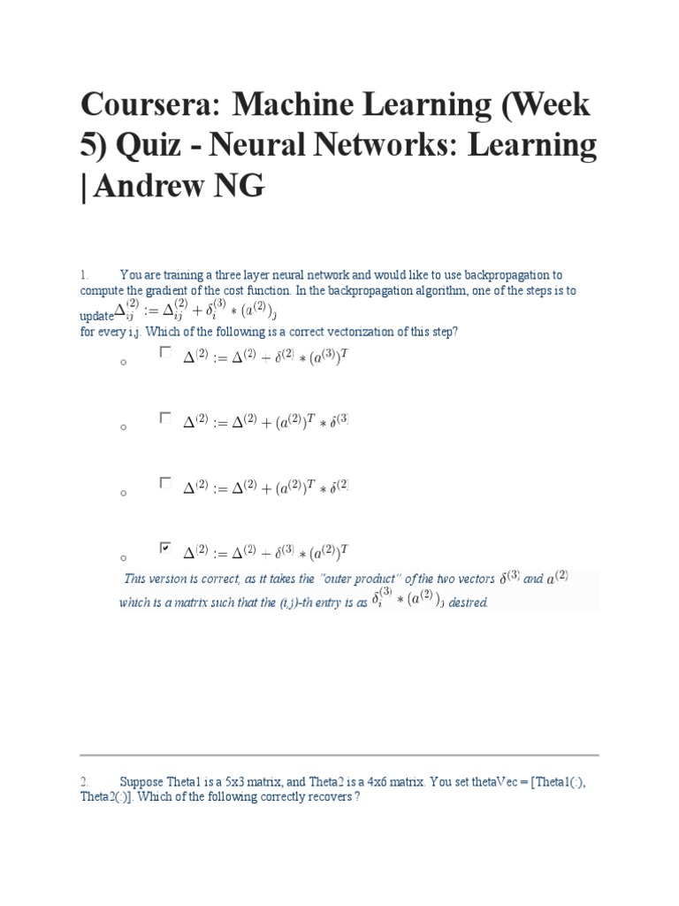 Machine Learning Andrew NG Week 5 Quiz 1 | PDF | Artificial Neural ...