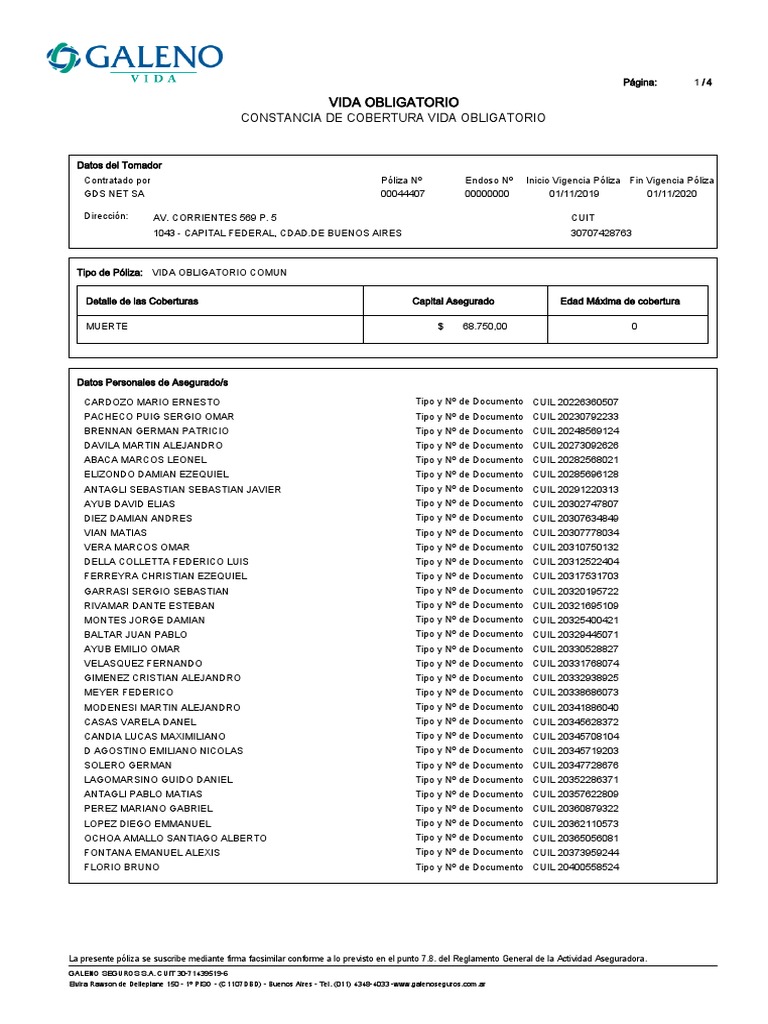 Cobertura Vida Obligatorio - Della Colleta | PDF | Gobierno corporativo | Gobierno