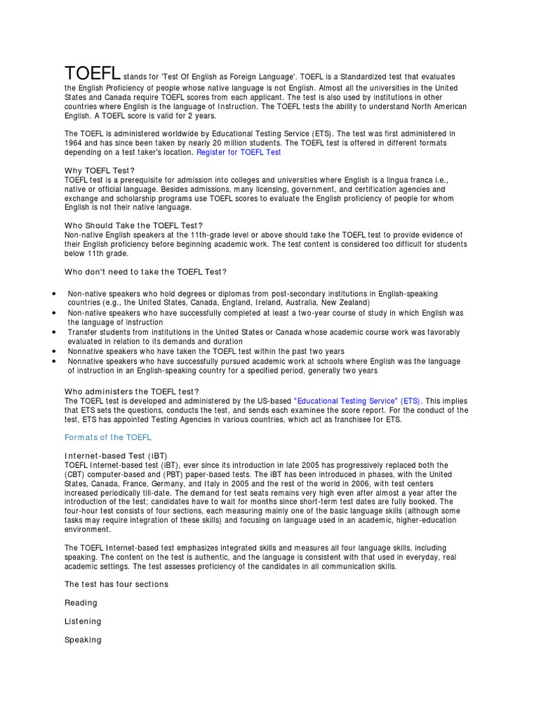Toefl PDF | Download Free PDF | Test Of English As A Foreign Language ...