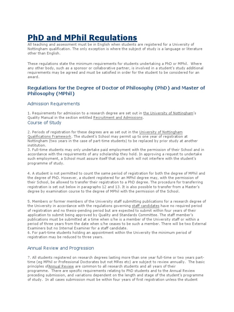PHD and MPhil Regulations | PDF | Thesis | Doctor Of Philosophy