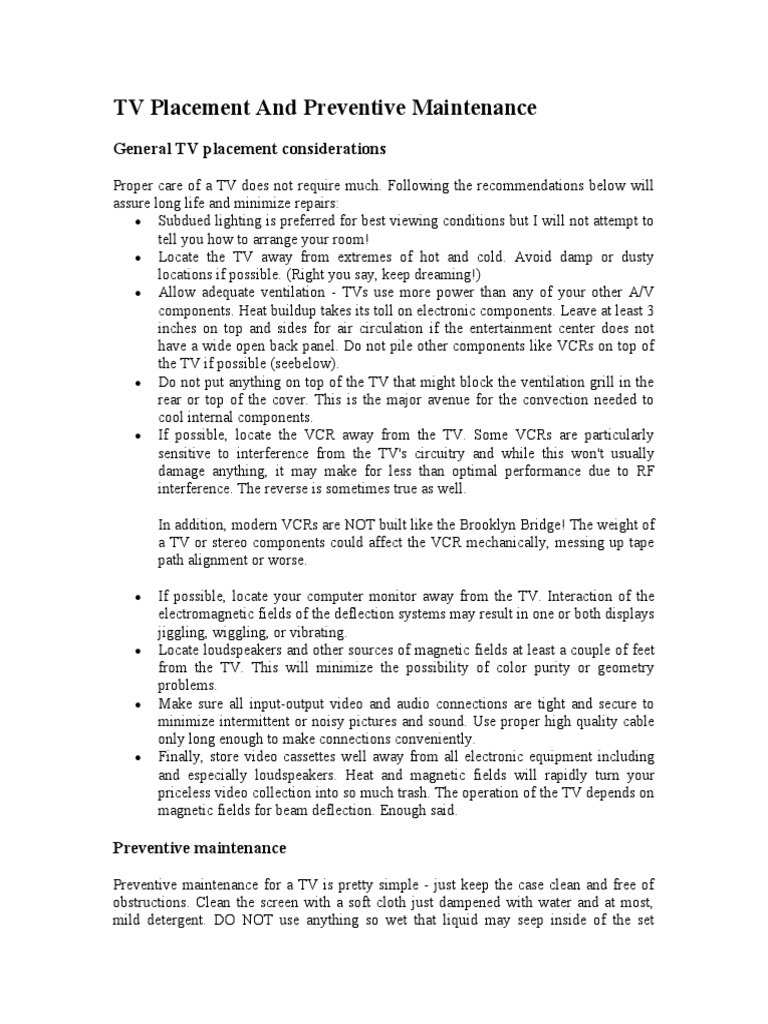 TV Placement and Preventive Maintenance | PDF | Television | Media ...