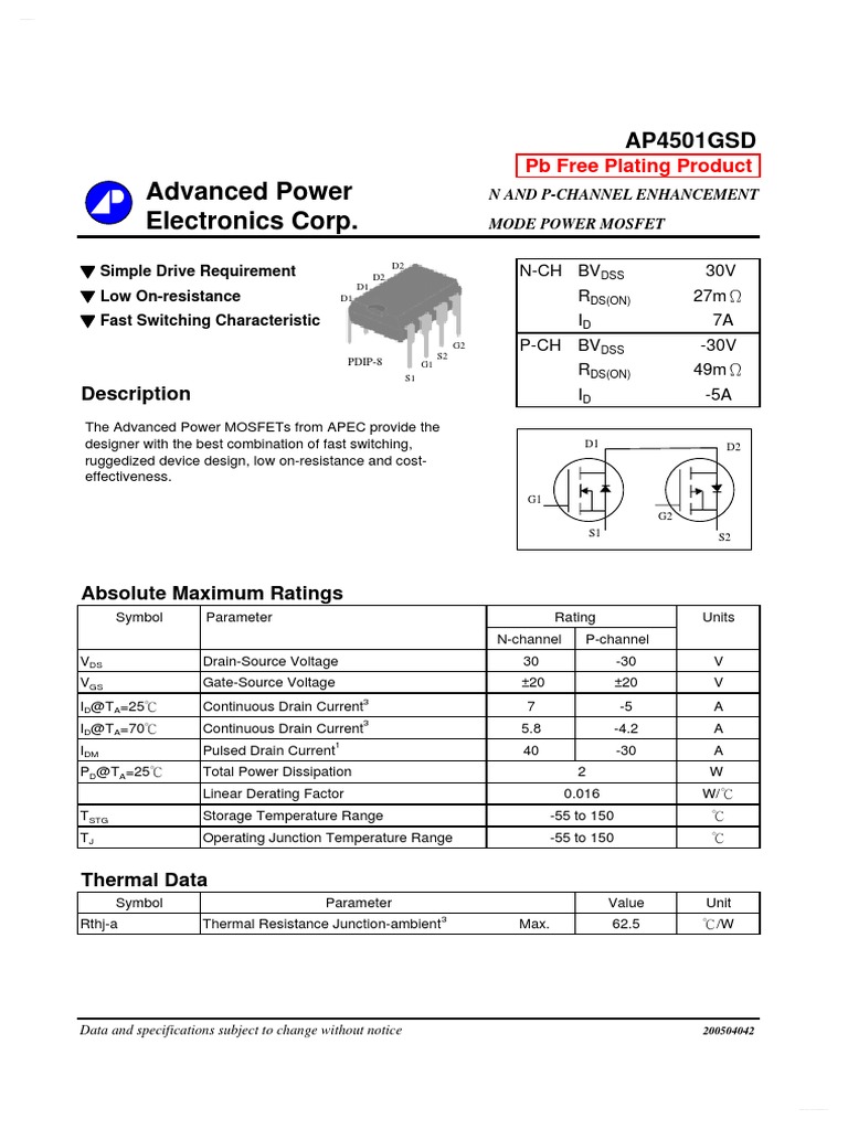 AP4501GSD MOSFET Specifications | PDF | Field Effect Transistor | Diode