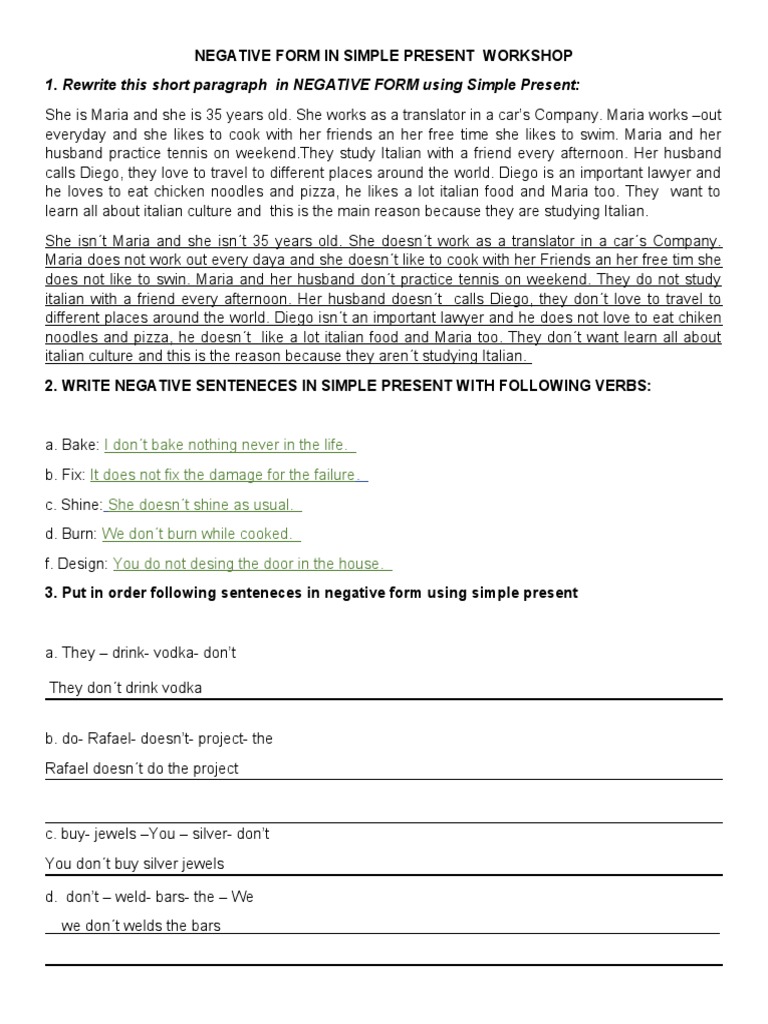Actividad 9 Negative Form in Simple Present Workshop - Ender Ga0na | PDF