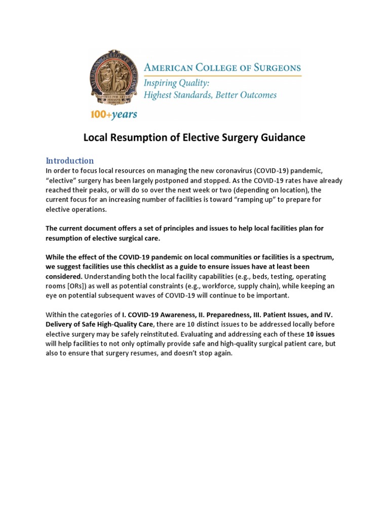 Local Resumption of Elective Surgery Guidance | PDF | Surgery ...