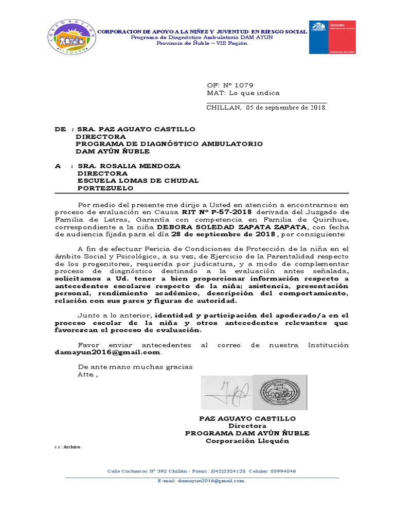 Oficio Escuela Lomas de Chudal. Debora Zapata Zapata | PDF | Ciencias ...