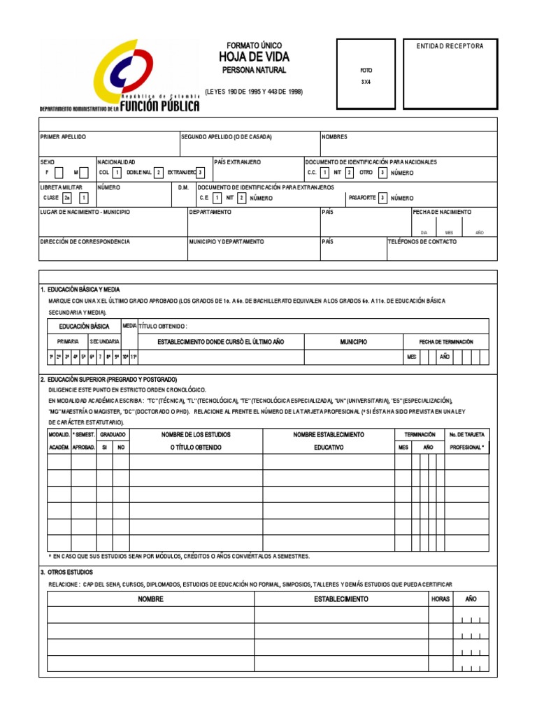Hoja De Vida FunciÓn PÚblica Blanco Pdf Labor Business