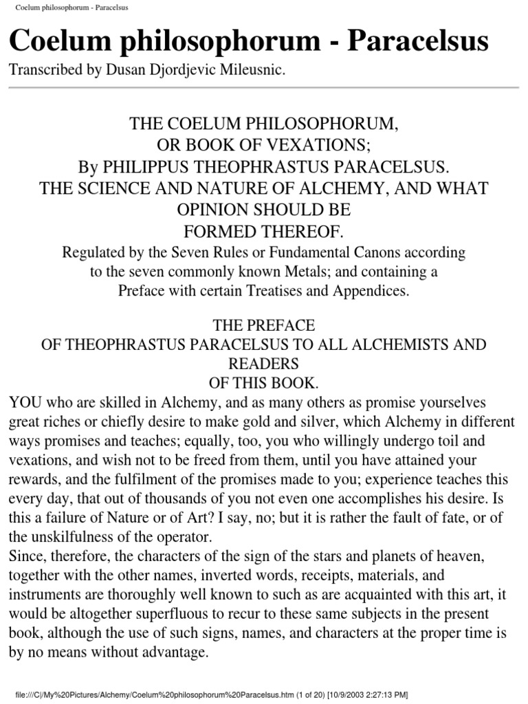 Paracelsus - Coelum Philosophorum | PDF | Alchemy | Metals