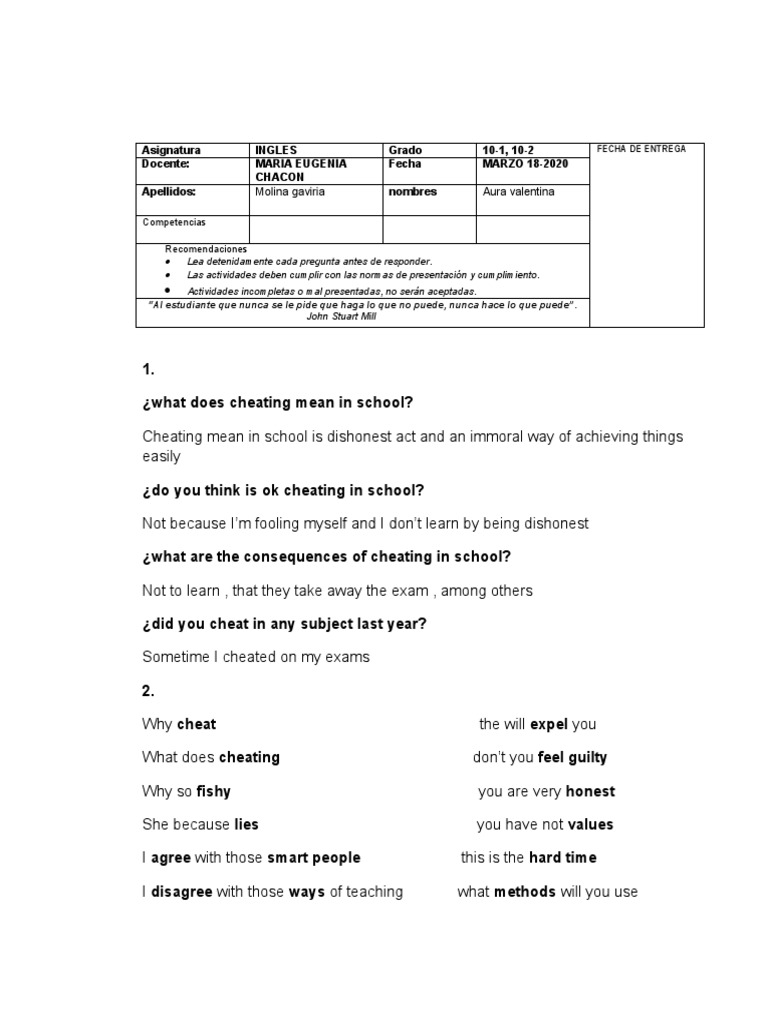 ¿What Does Cheating Mean in School? | PDF