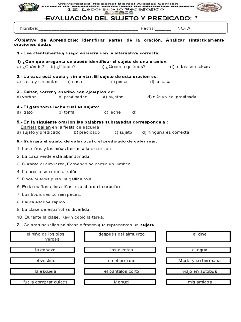 Evluacion de Sujeto y Predicado | PDF