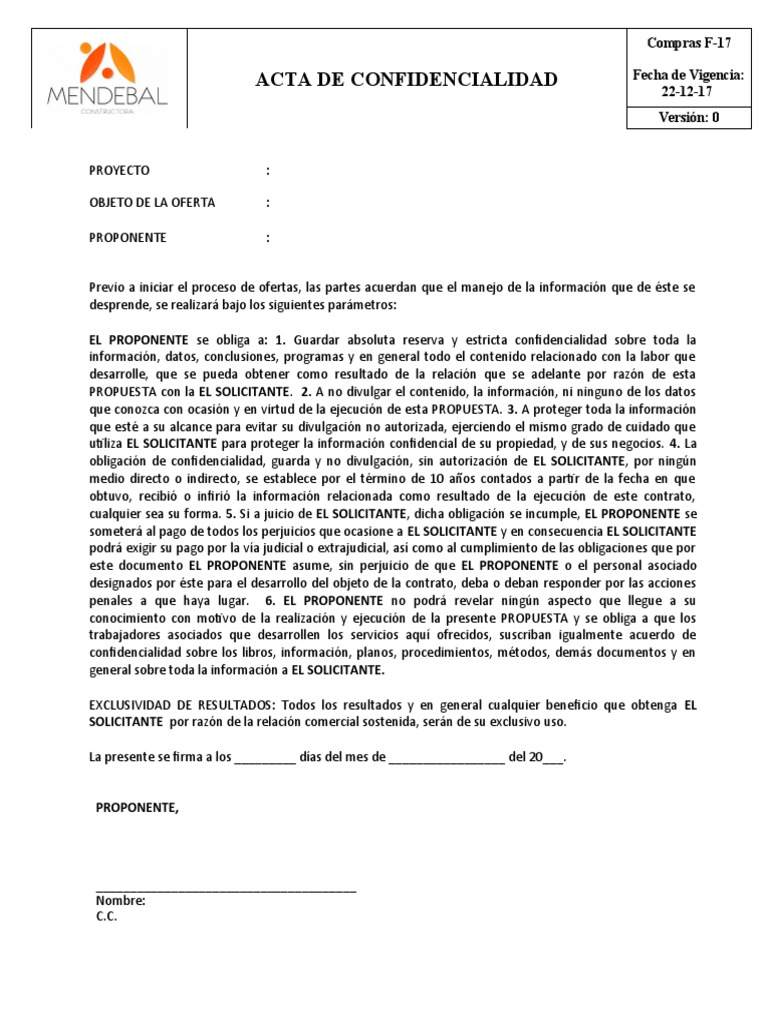 17 - Formato Acta de Confidencialidad - V0 | PDF | Información | Gobierno