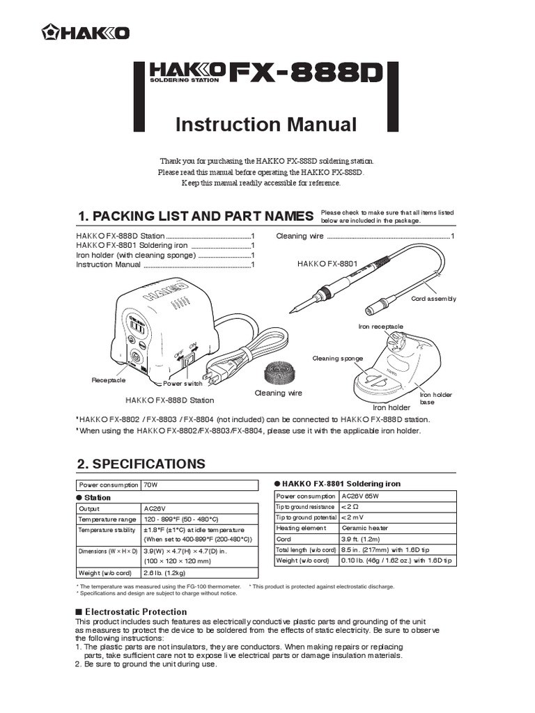 SOLDERING STATION HAKKO FX-888D - English PDF | PDF | Soldering ...