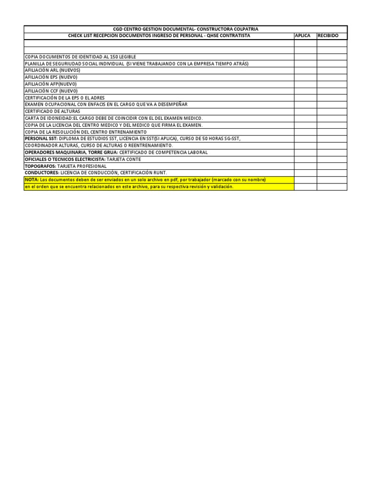 Check List Ingreso Personal | PDF