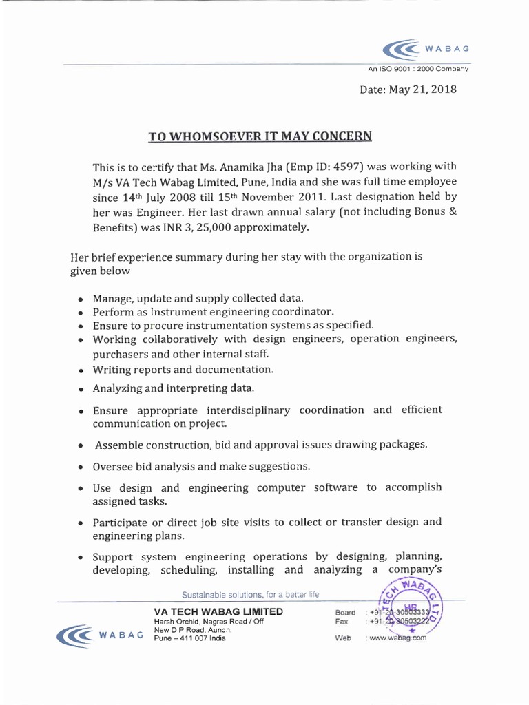 Kumari Anamika - Experience Certificate - Wabag | PDF