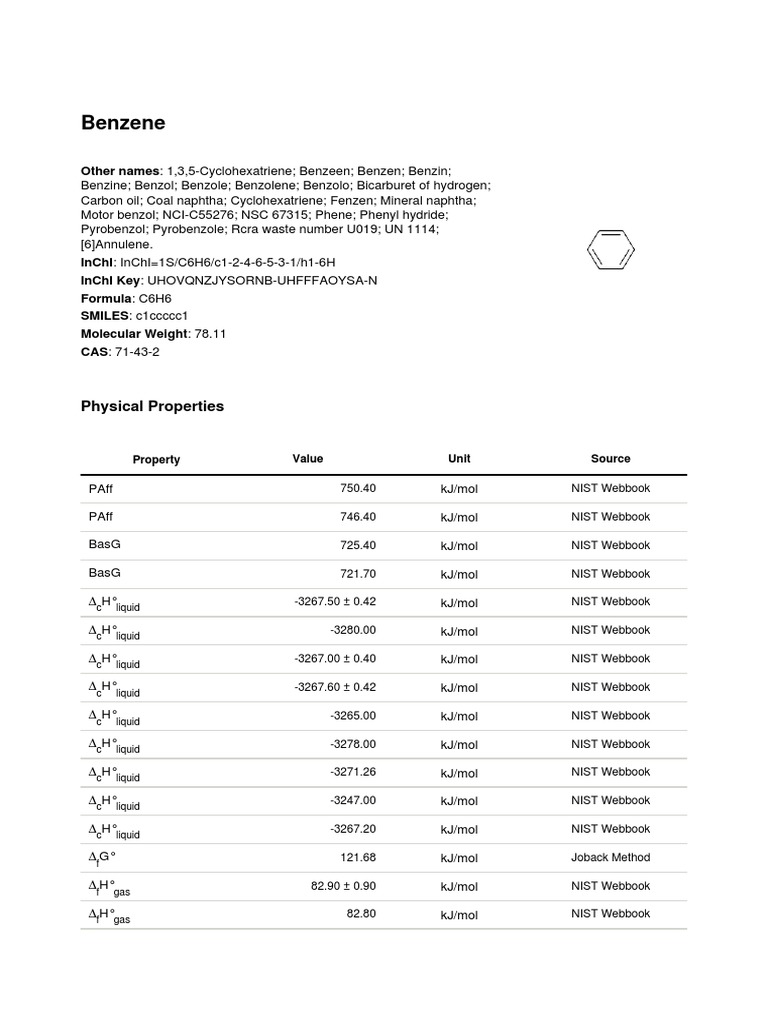 Benzene: Physical Properties | PDF | Enthalpy | Phase (Matter)