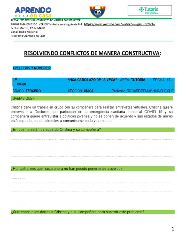 FICHA APRENDO EN Casa TUTORIA RESOLVIENDO CONFLICTOS 3° | PDF ...