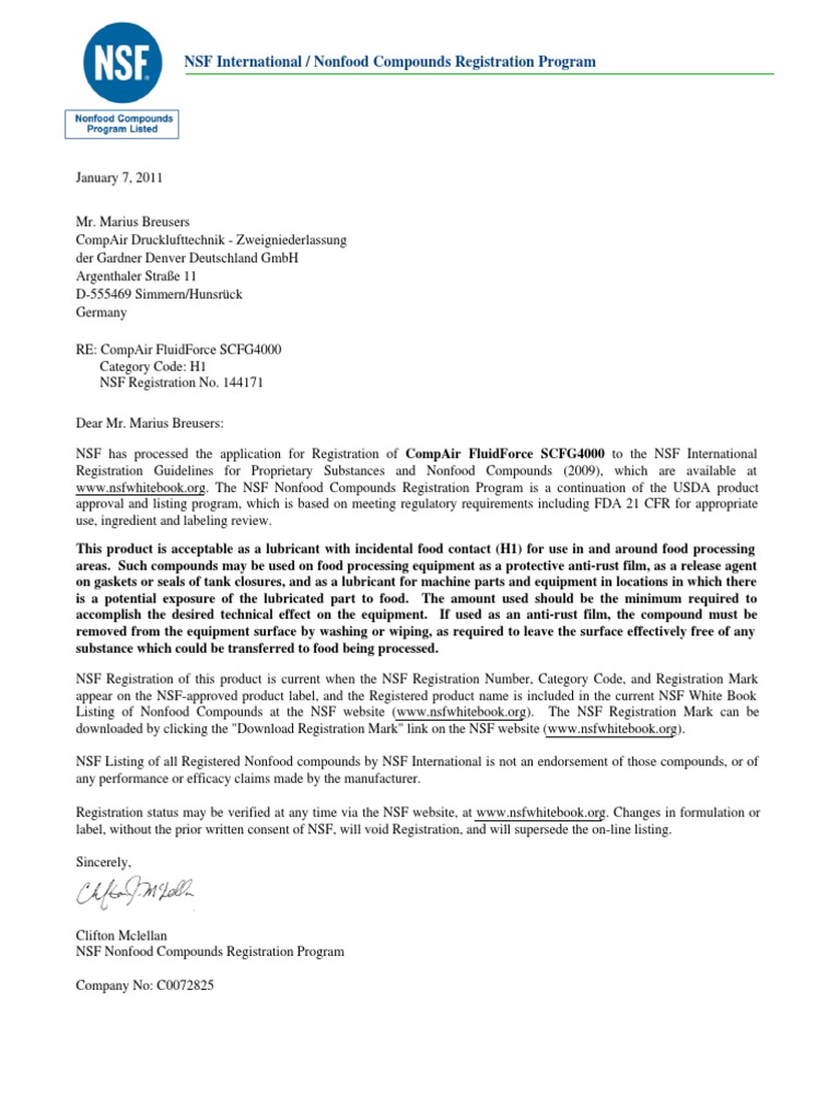 NSF International / Nonfood Compounds Registration Program | PDF | Foods